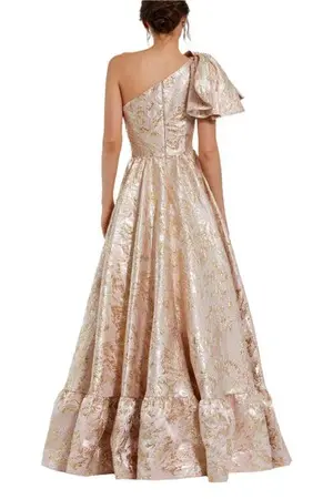 Mac Duggal Floral Brocade One Shoulder High-low Gown With Bow