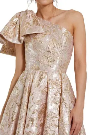 Mac Duggal Floral Brocade One Shoulder High-low Gown With Bow