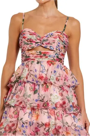 Mac Duggal Floral Cut Out Ruffle Tiered Ballgown - Pink Multi