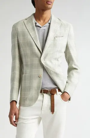Eleventy Plaid Linen & Wool Blend Sport Coat - Military Green