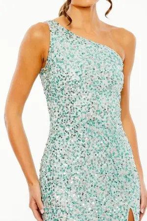 Mac Duggal Sequin One-shoulder Embellished Gown - Aqua