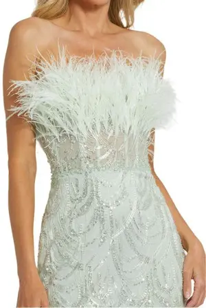 Mac Duggal Strapless Feather Bustier Gown With Embroidery