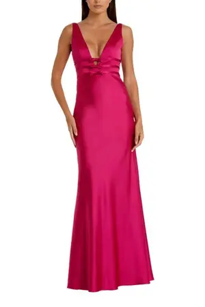Mac Duggal Sleeveless V-neck Satin Gown With Bows - Raspberry