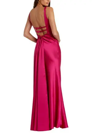 Mac Duggal Sleeveless V-neck Satin Gown With Bows - Raspberry