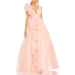 Mac Duggal V-neck Ruffled Shoulder A-line Evening Gown - Blush