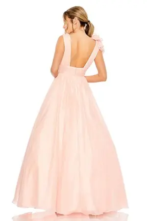 Mac Duggal V-neck Ruffled Shoulder A-line Evening Gown - Blush