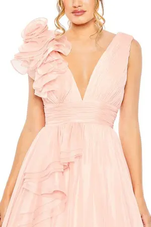 Mac Duggal V-neck Ruffled Shoulder A-line Evening Gown - Blush