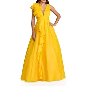 Mac Duggal Mac Duggal V-Neck Ruffled Shoulder A-Line Evening Gown Marigold