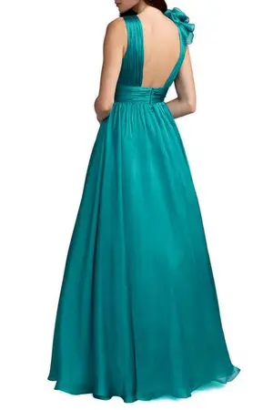 Mac Duggal Ruffle Shoulder V-neck Chiffon Gown - Teal
