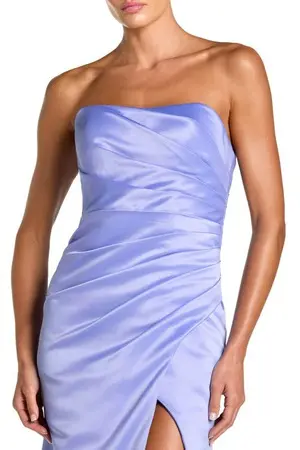 Mac Duggal Strapless Ruched Satin Gown With Slit - Periwinkle