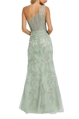 Mac Duggal Embellished One-shoulder Corset Bodice Column Gown - Sage