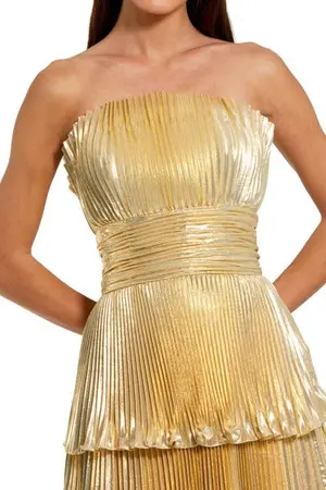 Mac Duggal Strapless Pleated Metallic High-low Gown