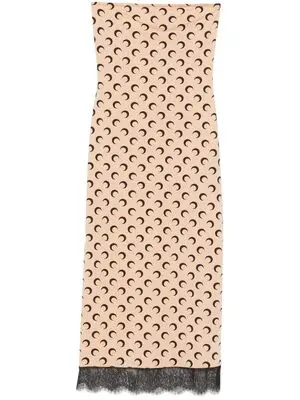 MARINE SERRE Crescent Moon Bustier Midi Dress With Lace Trim - Neutrals
