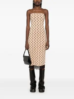 MARINE SERRE Crescent Moon Bustier Midi Dress With Lace Trim - Neutrals
