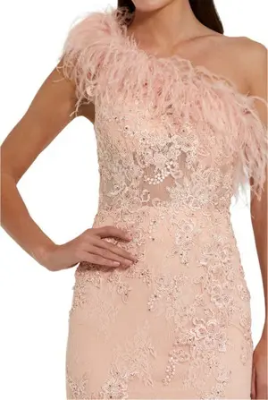 Mac Duggal One-shoulder Feather Embellished Gown