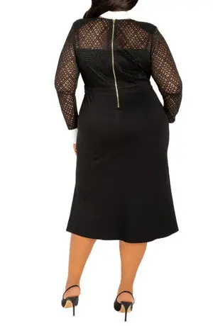 BUXOM COUTURE Lace Collar Long Sleeve Midi Dress