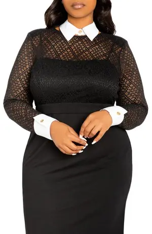 BUXOM COUTURE Lace Collar Long Sleeve Midi Dress