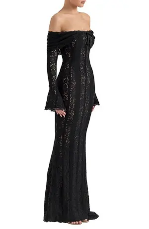 belle black off shoulder floral lace maxi dress Clothing: Maxi Dresses: 'Belle' Black Off Shoulder Floral Lace Maxi Dress
