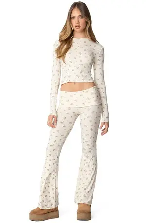 EDIKTED Bloom Baby Floral Foldover Waist Rib Pants