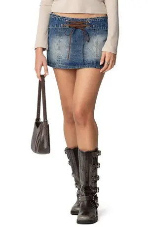 EDIKTED Tania Lace-up Denim Miniskirt