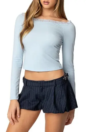 EDIKTED Lace Off-the-shoulder Crop Top - Light-blue