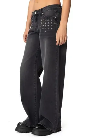 EDIKTED Grommet Low Rise Baggy Wide Leg Jeans