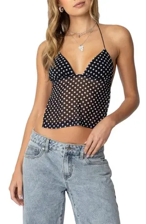 EDIKTED Dot Chiffon Halter Top - Black-and-white