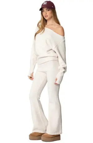 EDIKTED Plush Flare Pants - Cream