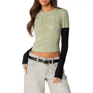 EDIKTED Appliqué Layered Long Sleeve T-shirt - Olive