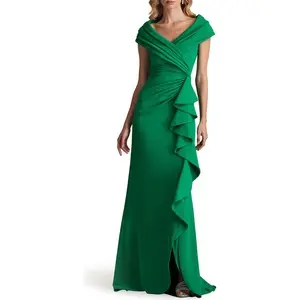 Tadashi Shoji Cascade Ruffle Portrait Neck Gown - Green Leaf