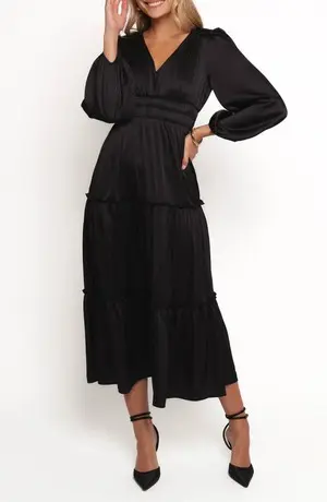 PETAL & PUP Rowen Long Sleeve Satin Midi Dress - Black