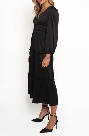 PETAL & PUP Rowen Long Sleeve Satin Midi Dress - Black