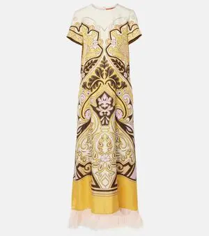 La DoubleJ La DoubleJ Printed Feather-Trimmed Silk Maxi Dress Multicoloured