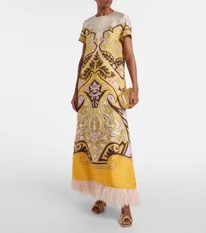 La DoubleJ Printed Feather-trimmed Silk Maxi Dress - Multicoloured
