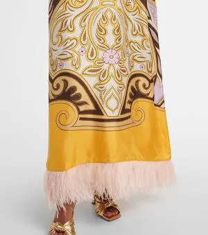 La DoubleJ Printed Feather-trimmed Silk Maxi Dress - Multicoloured