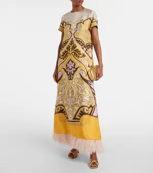 La DoubleJ Printed Feather-trimmed Silk Maxi Dress - Multicoloured