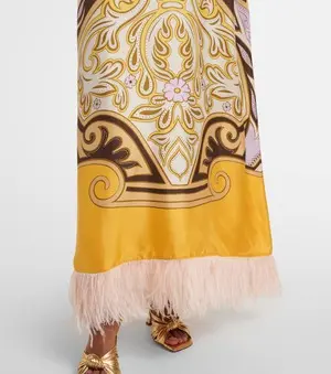 La DoubleJ Printed Feather-trimmed Silk Maxi Dress - Multicoloured