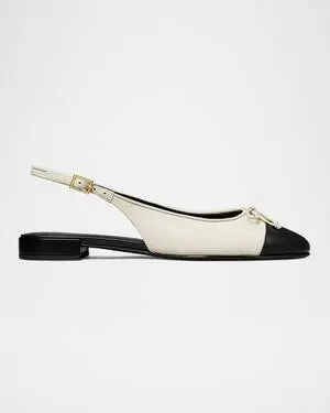 Tory Burch Cap-Toe Leather Slingback Ballerinas - Light Cream / Perfect Black