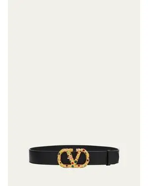 Valentino Garavani Vlogo Signature Embellished Leather Belt 40mm - Black