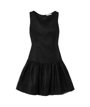 Nina Ricci Velvet-trimmed Bow-detailed Gathered Chantilly Lace Mini Dress