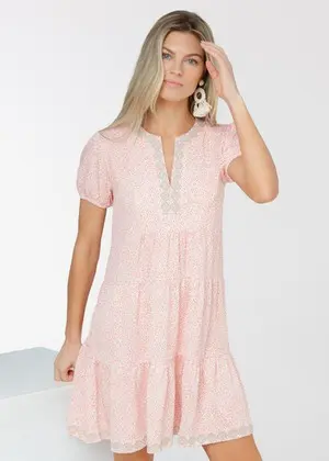 CABANA LIFE Embroidered Short Sleeve Tiered Dress - Coast