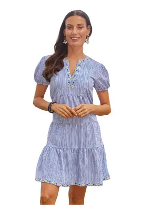 CABANA LIFE Embroidered Short Sleeve Tiered Dress - Seaside