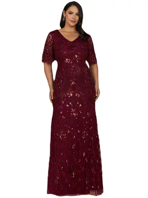 LARA NEW YORK Cape Sleeve Beaded Gown - Wine