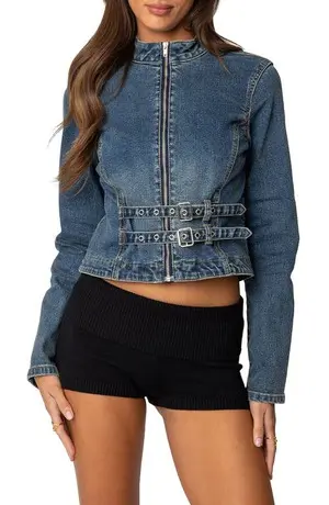 EDIKTED Double Buckle Denim Jacket