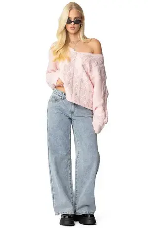 EDIKTED Inga Oversize V-neck Cable Knit Sweater - Light-pink