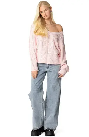 EDIKTED Inga Oversize V-neck Cable Knit Sweater - Light-pink