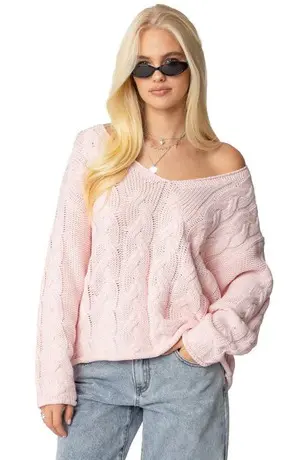 EDIKTED Inga Oversize V-neck Cable Knit Sweater - Light-pink