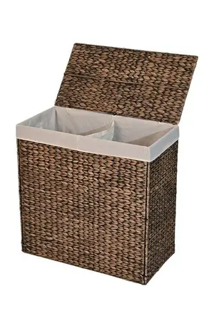 HAPPIMESS Sawyer Classic Farmhouse Handwoven Hyacinth 2-section Collapsible Laundry Hamper With Washable Liner, Handles - Brown