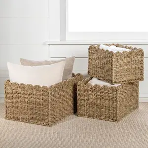 HAPPIMESS Arden Coastal Cottage Seagrass Scalloped Rectangular Organizing Storage Baskets - Natural