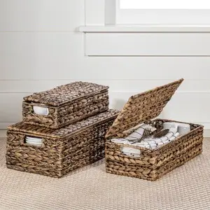 HAPPIMESS Sandrine Classic Farmhouse Handwoven Hyacinth Storage Baskets With Handles And Lids - Brown